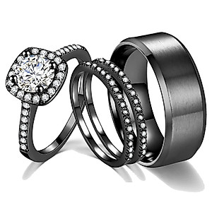 Ahloe Jewelry CEJUG 2Ct 18k Black Gold Wedding Ring Sets for Women and Men Hers His Titanium Bands Stainless Steel Couple Rings Cz Size 10&7