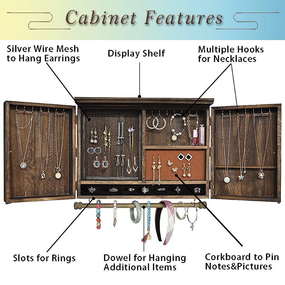 GLANT Rustic Wall Mounted Jewelry Organizer with Wooden Barndoor Decor,Wooden Wall Mount Holder,Jewelry holder for Necklaces, Earings, Bracelets, Ring Holder. Includes matching hook organizer (Rustic)