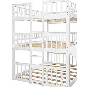 OYN Wooden Full-Over-Full-Over-Full Triple Bed Frame with 2 Built-in Ladder and Slide ,Triple Bed with Full Length Guardrails for Children, Teens ,Boys & Girls, White