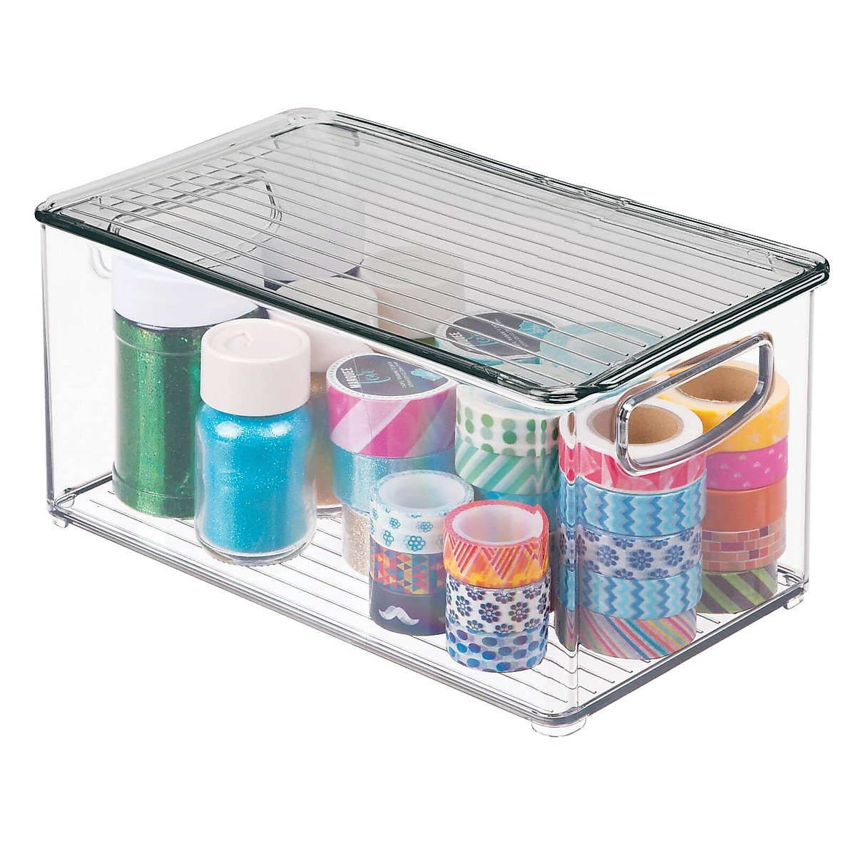 mDesign Plastic Deep Storage Organizer Bin Box with Lid/Built-in Handles for Crafting Supplies, Holder for Sewing, Crochet, Thread, Beads, Ribbon, Glitter, Ligne Collection, 6 Pack, Clear/Smoke Gray