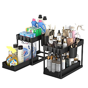 FENENIK 2 Tiers Under Sink Organizer, Bathroom Cabinet Storage Drawer Organizer with Sliding Shelf, Multi-purpose Kitchen Sink Organizer with 4 hooks and Hanging cup for Narrow Spaces