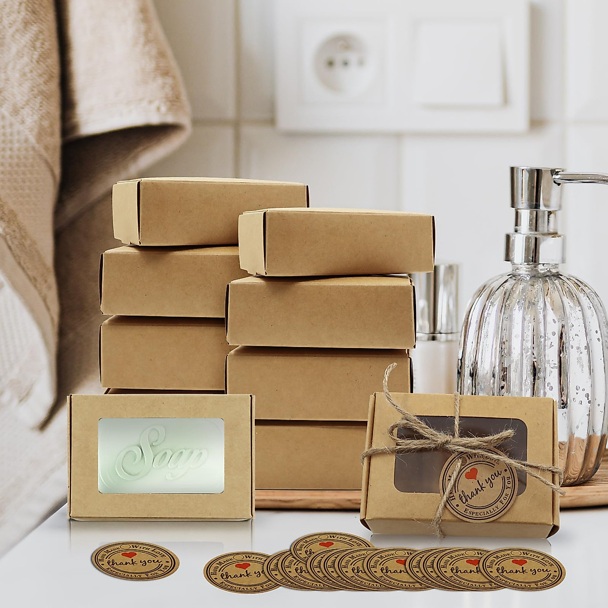 RYKOMO 60 PCS Soap Boxes for Homemade Soap 3.55 X 2.4 X 1.2 Inch Small Soap Packaging Boxes Kraft Soap Box with Window Mini Soap Gift Boxes for Homemade Soap Bakery Candy Cookies Packaging