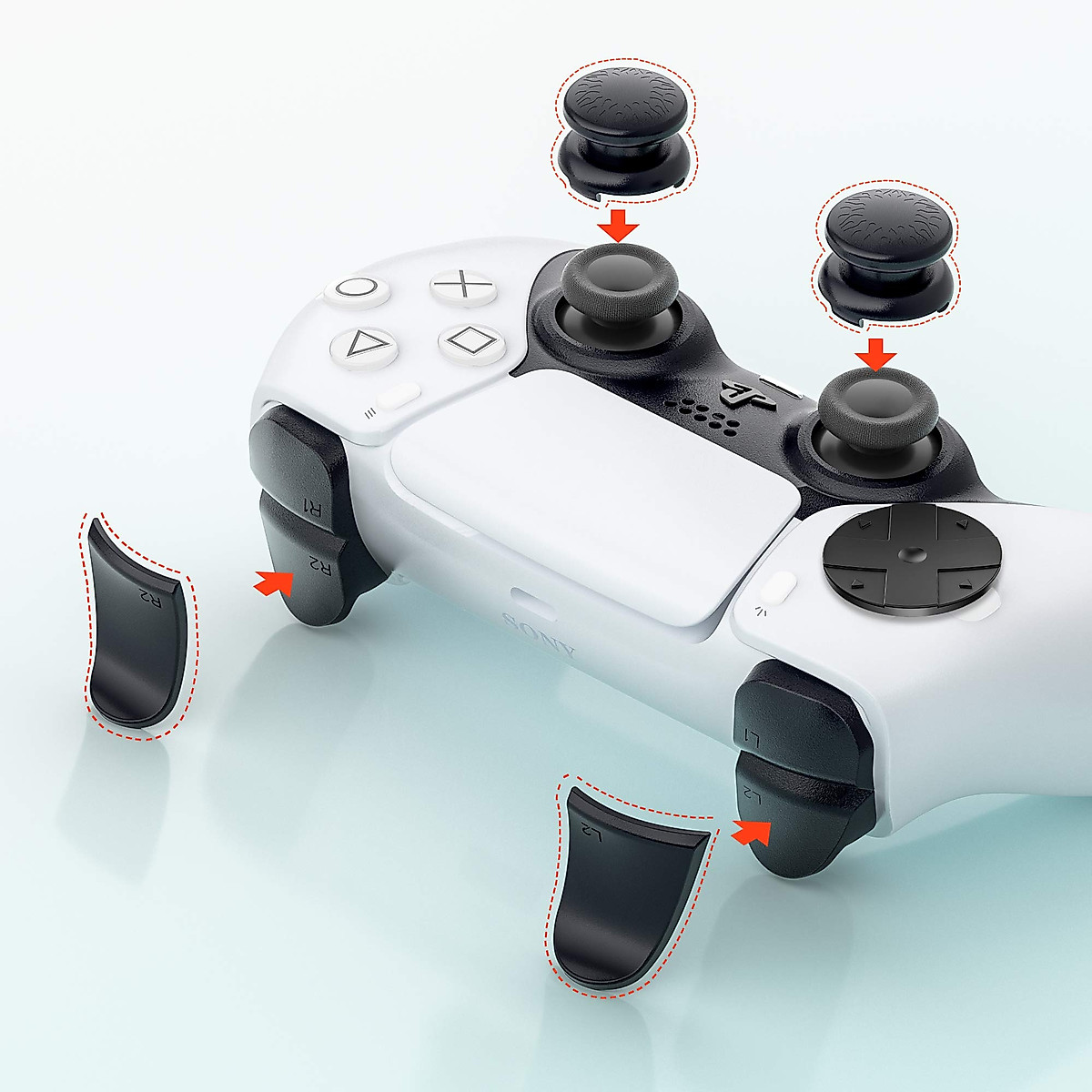 PS5 Controller Accessories Kit, Daugee L2 R2 Trigger Extender+Silicon Analog Stick Thumb Grips+D-pad for Playstation 5 Controller,Anti-Slip Replacement Parts（Black）