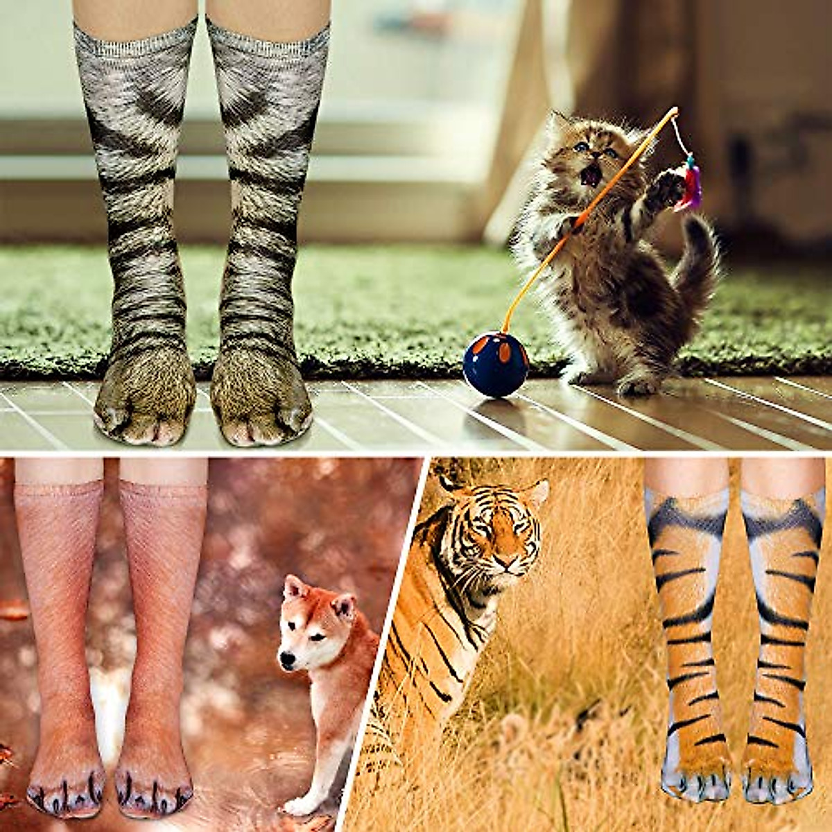 4 Pairs Animal Paw Socks Unisex 3D Print Cat Dog Tiger Novelty Stockings for Women Men White Elephant Gag Gifts Prank Christmas Party Favors