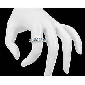 925 Sterling Silver Natural 6X4 MM Oval Cut Deep Aquamarine Gemstone March Birthstone Cluster Unisex Proposal Ring Wedding Jewelry Bridal Ring Birthday Gift Valentine's Day Gift For Her (Rhodium Plated Silver, 6.5)