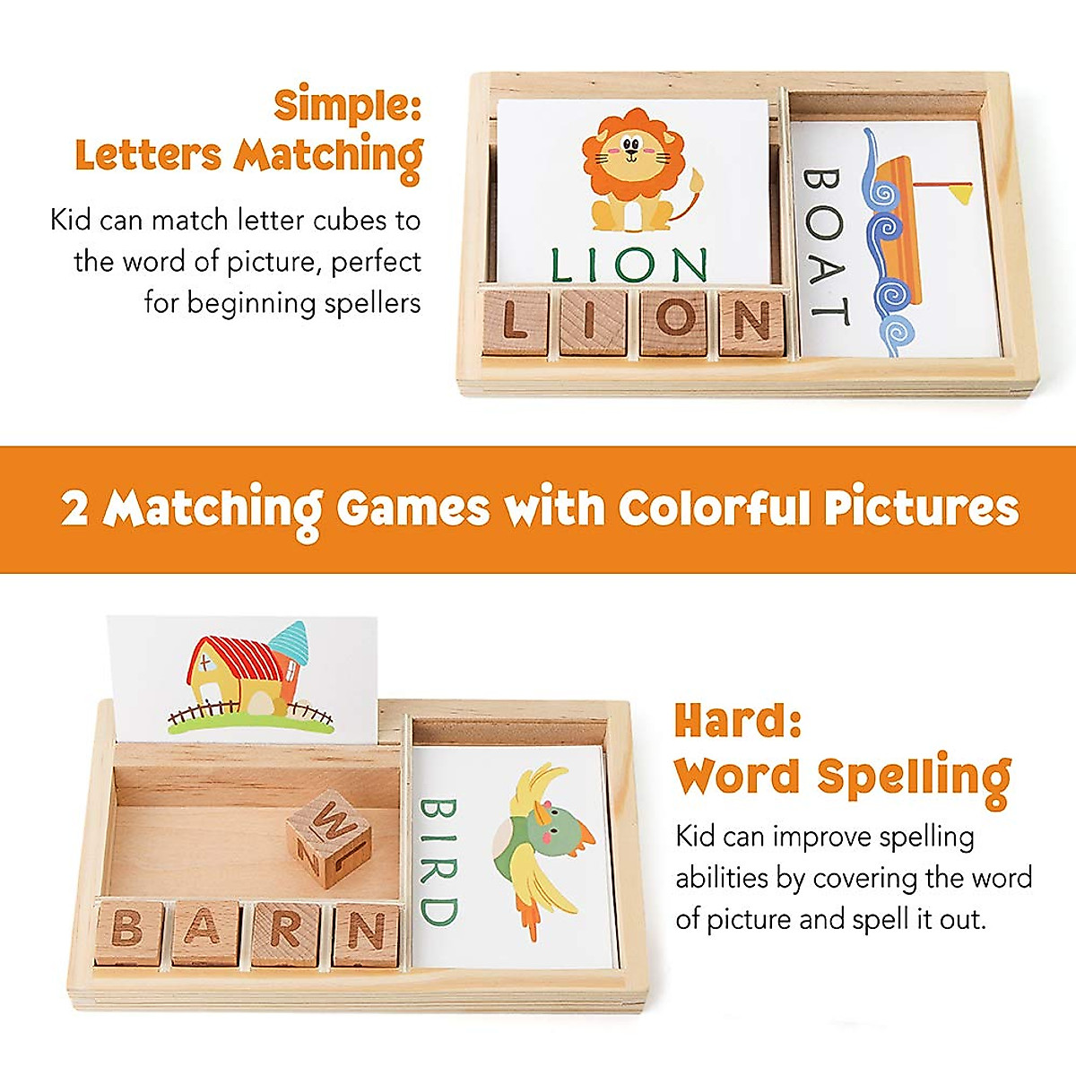 Coogam Spelling Games, Wooden Matching Letters Toy with Flash Cards Words, Montessori ABC Alphabet Learning Educational Puzzle Gift for Preschool Boys Girls Kids Age 3 4 5 Years Old