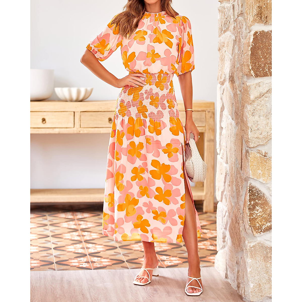 PRETTYGARDEN Women Summer Casual Ruffle Mock Neck Dress 2023 Short Sleeve Smocked Slit Boho Floral Midi Beach Dresses(Floral White Yellow,Large)