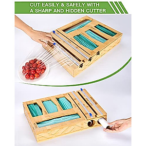 Uamector 6 In 1 Foil and Plastic Wrap Organizer, Ziplock Bag Organizer for Kitchen Drawer, Plastic Wrap Dispenser with Cutter, Bamboo Bag Storage Organizer for Gallon, Quart, Sandwich