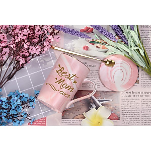 Best Mom Gifts Mom Mug Birthday Mothers Day Gifts for Mom from Daughter Son 14 Ounce Gift Box with Spoon and Cup Mat Pink