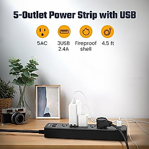 Power Strip, SUPERDANNY 5-Outlet Surge Protector, 3 USB Ports, 4.5 Ft Extension Cord, 900 Joules, Mountable, Overload Switch, Protected Indicator Light, Multiple Protections for Home Office, Black