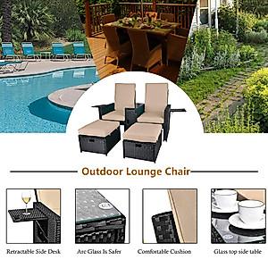 VUYUYU 5PCS Outdoor Wicker Chaise Lounge Chair - Rattan Adjustable Reclining Patio Lounge Chair with Ottoman and Coffee Table, for Patio Beach Pool Backyard (Black Wicker Khaki Cushion)