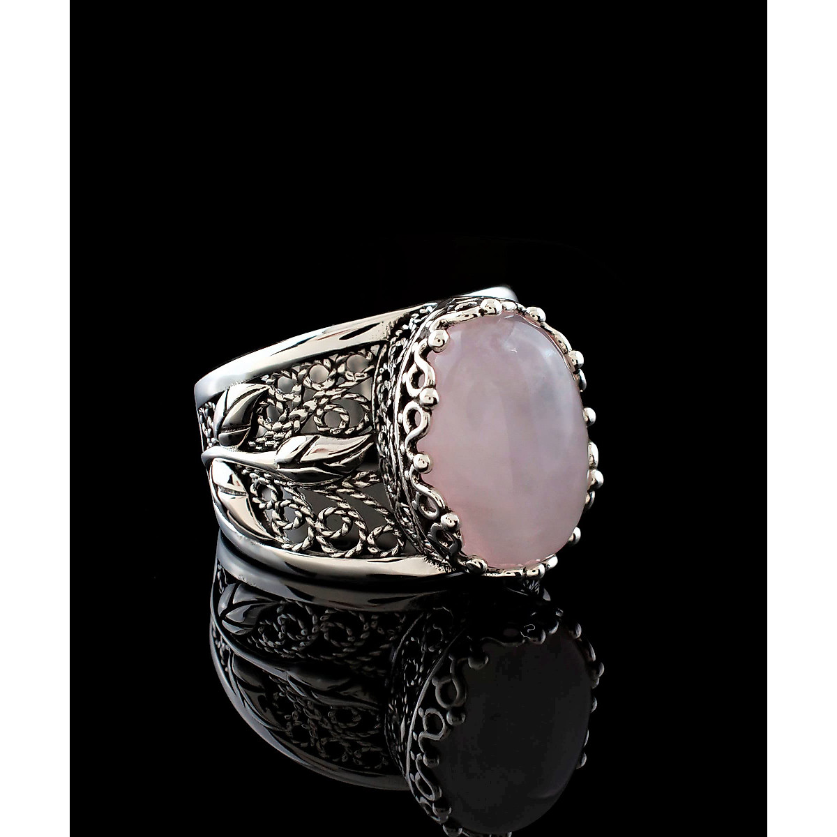 Filigranist 925 Sterling Silver Filigree Art Lace Embroidery Tulip Detailed Women Cocktail Ring with Rose Quartz Gemstone, Luxurious Gift Packed (Rose Quartz, 8)