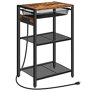 HOOBRO Tall End Table with Charging Station, Industrial Telephone Table with Metal Storage Basket, High Side Table Nightstand for Living Room, Bedroom, Office, Rustic Brown and Black BF06UDH01