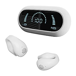 Fvkzv Open Ear Headphones,Wireless Bluetooth Earbuds,Sport Earbuds,Bluetooth 5.2 Clip-on Earphones,32 Hours Playtime with Case, Workout Headphones (Pure White, LED Display)