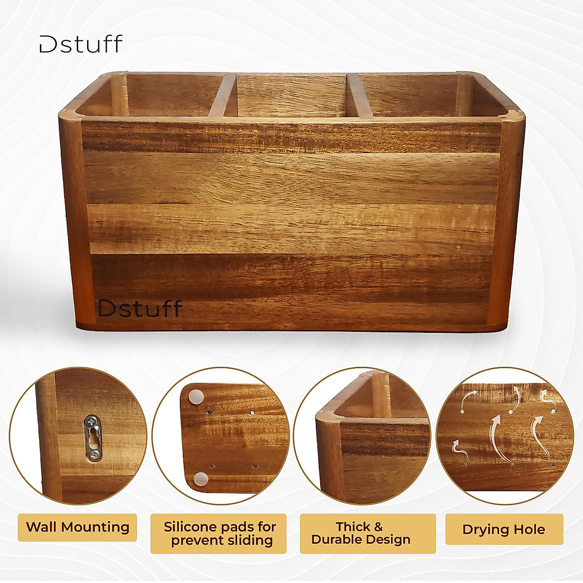 Dstuff Large Kitchen Utensil Holder Organizer for Counter or Countertop, Large Wooden Utensil Holder for Storage Cooking and Silverware with 3 Compartment, Acacia Rustic Wood Container Extra Large