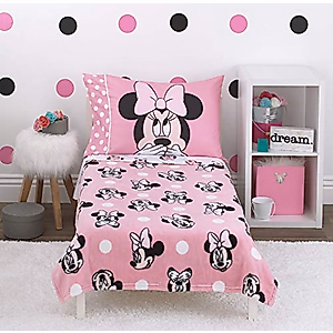 Disney Minnie Mouse - Blushing Minnie - 4 Piece Toddler Bed Set - Coral Fleece Toddler Blanket, Fitted Bottom Sheet, Flat Top Sheet, Standard Size Pillowcase