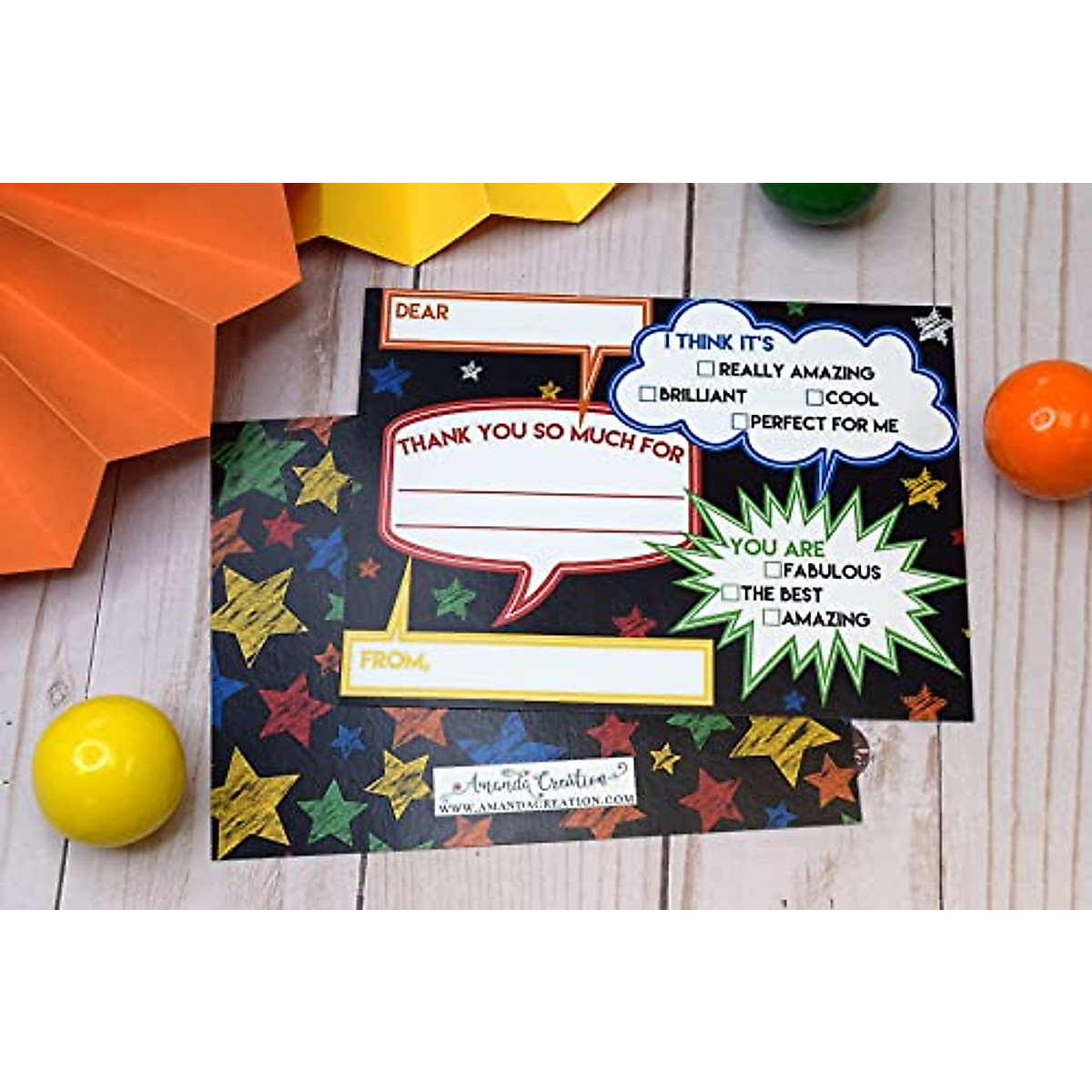 Chalkboard Speech Bubble Birthday Thank You Notes for Kids, Ten 4" x 5.5" Fill In The Blank Cards with 10 White Envelopes by AmandaCreation…