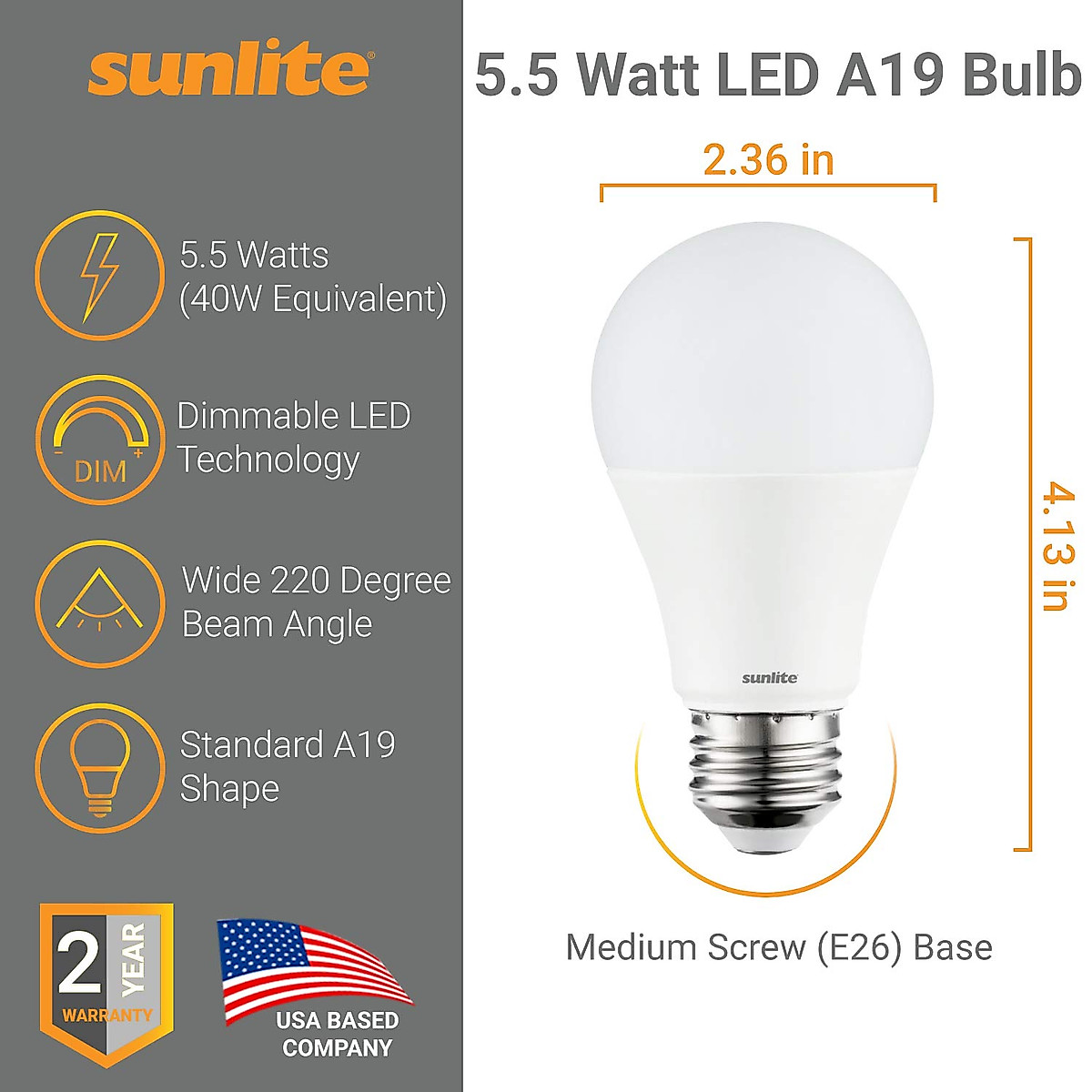 Sunlite 41137-SU LED A19 Standard Light Bulb, 5.5 (40 Watt Equivalent), 450 Lumens, Medium Base (E26), Dimmable, UL Listed, Energy Star, 6 Pack, 4000K Cool White