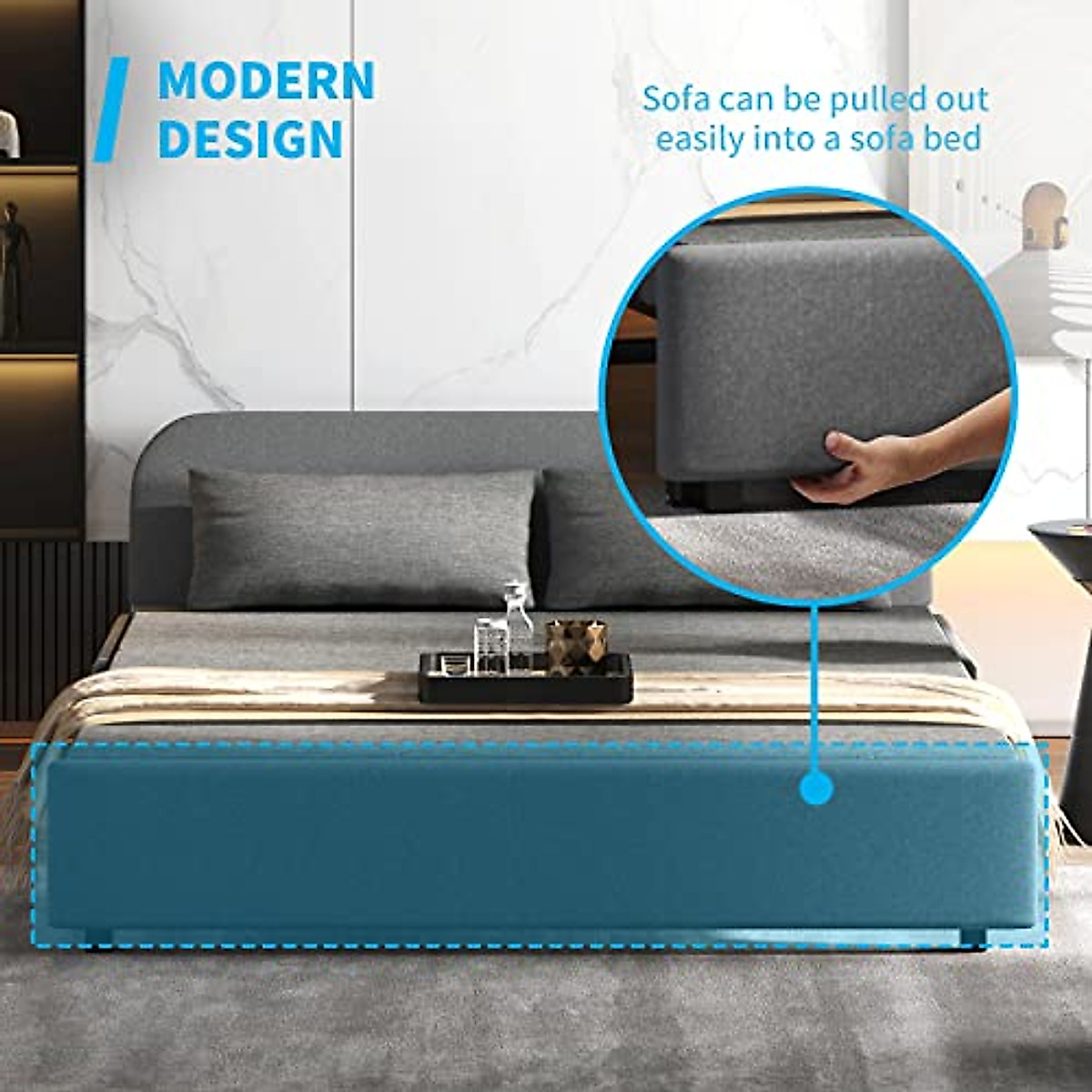 Mjkone Pull Out Sofa Bed, 2-in-1 Modern Convertible Sleeper Sofa Couch, Queen Size Linen Revesible Couch Bed with Cushions&Throw Pillows for Small Place/Apartment/Living Room/Office (Dark Gray)