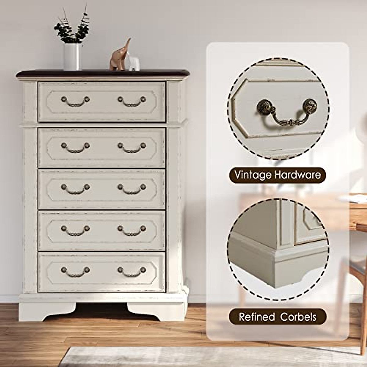 Jocisland 5 Drawer Chest Dresser for Bedroom Two-Tone Chipped White