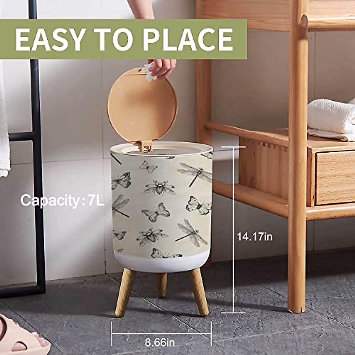 Small Trash Can with Lid Seamless with dragonflys cockchafer and butterflies Dragonfly Garbage Bin Round Waste Bin Press Cover Dog Proof Wastebasket for Kitchen Bathroom Living Room 1.8 Gallon