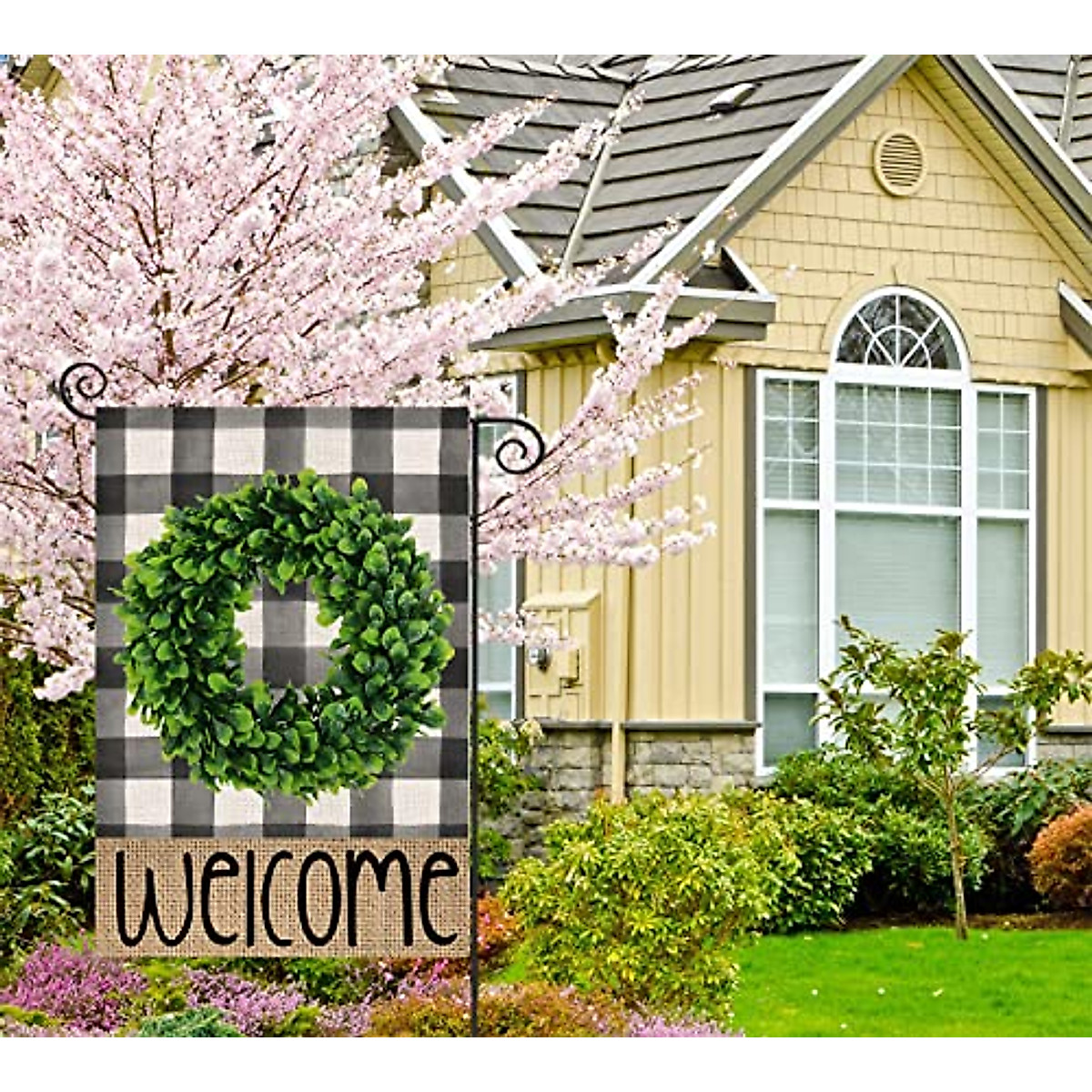 Welcome Spring Garden Flag for Outside,Buffalo Plaid Boxwood Wreath Small Yard Flag, Summer Seasonal Decors for Outdoor Farmhouse Holiday 12x18 Double Sided