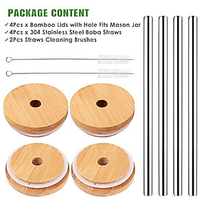 TRUSBER 4 Pack Reusable Bamboo Regular Mouth Drinking Lids with Straw Hole and Straw for Mason Jar (JAR NOT INCLUDED)