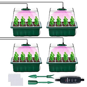 YAUNGEL Seed Starter Tray with Grow Light, 4 Pack Seed Starter Kit with Timing Controller Adjustable Brightness, Thicken Seedling Starter Trays with Humidity Domes Heightened Lids, Gift Box