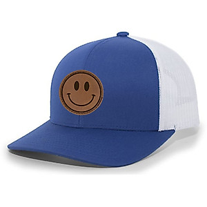 Heritage Pride Happy Face Smile Leather Patch Mens Trucker Hat Baseball Cap, Royal/White