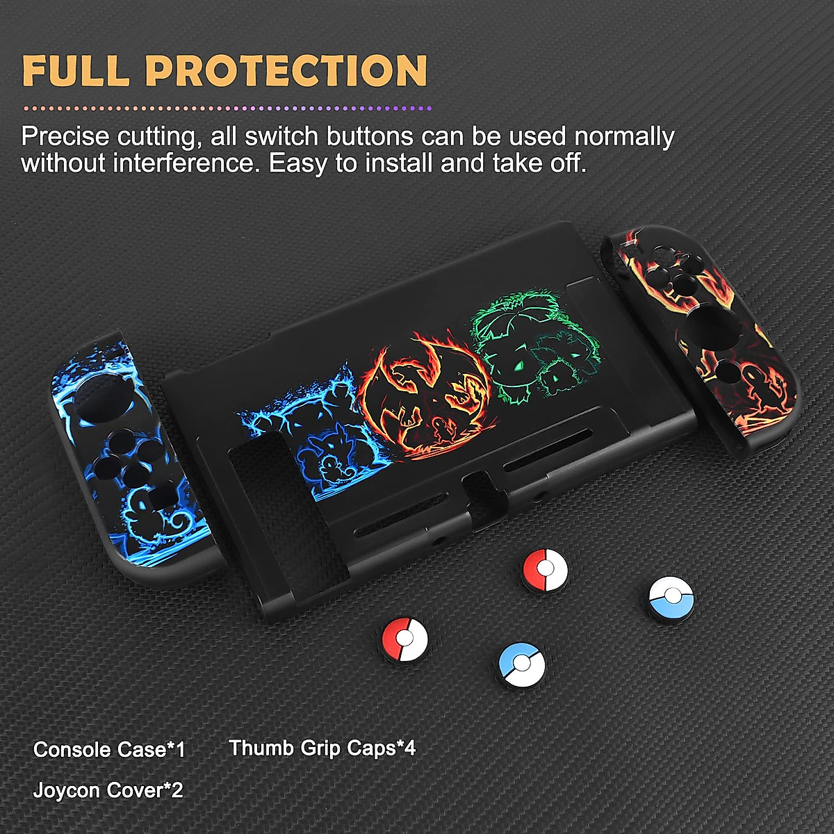 DLseego Cartoon Monster Switch Protective Case Cool Soft TPU Shell Shockproof Scratch Resistant Cover Joy Con Japanese Amine Skin with 4PCS Blue and Red Balls Thumb Grips Caps for Switch 2017 Version