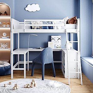 GINGVAT Full Size Loft Bed with Desk and Shelves, Wooden Bedframe and Safety Guardrails, Bedroom Furniture for Children/Teens, White