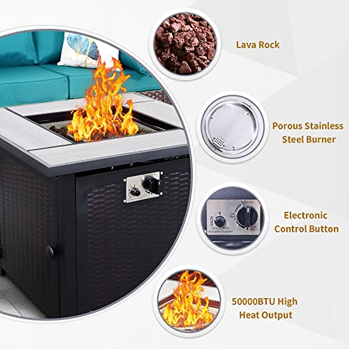 Outdoor Propane Fire Pit Table for Outside, 30 Inch 50,000 BTU Multipurpose Steel Square Gas Firepit with Tabletop and Lava Rock, for Parties and Gatherings on Patio Garden Backyard Porch