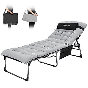 KingCamp Folding Chaise Lounge Outdoor, Adjustable Lounge Chair with Mattress for Patio, Beach, Pool, and Tanning, Foldable Camping Cot Portable Heavy Duty Lay Flat Reclining for Outdoor with Pillow