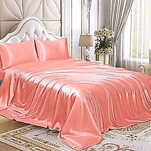 Homiest 3pcs Satin Sheets Set Luxury Silky Satin Bedding Set with Deep Pocket, 1 Fitted Sheet + 1 Flat Sheet + 1 Pillowcase (Twin Size, Rose Pink)