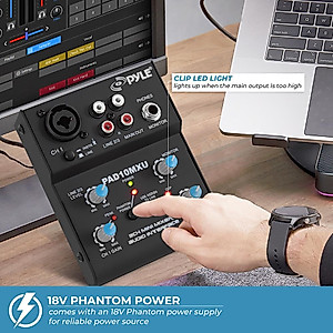 Pyle 2-Channel Audio Mixer - DJ Sound Controller Interface with USB Soundcard for PC Recording, XLR and 3.5mm Microphone Jack, 18V Power, RCA Input and Output for Professional and Beginners - PAD10MXU