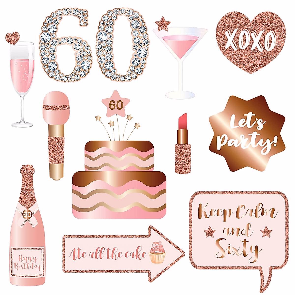 60th Birthday Party Photo Booth Props and Signs, Rose Gold 60 Birthday Party Selfie Props Kit with Sticks for Girls Women, Sixty 60th Happy Birthday Party Decorations Supplies Favors