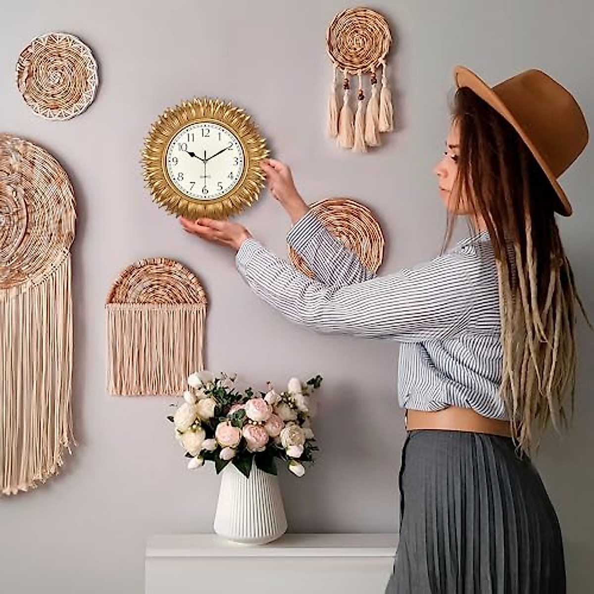 SkyNature Wall Clocks Battery Operated, 12 Inch Boho Sunflower Wall Clock for Living Room Decor, Silent Non-Ticking Small Analog Clock for Kitchen, Bedroom, Bathroom, Office - Gold