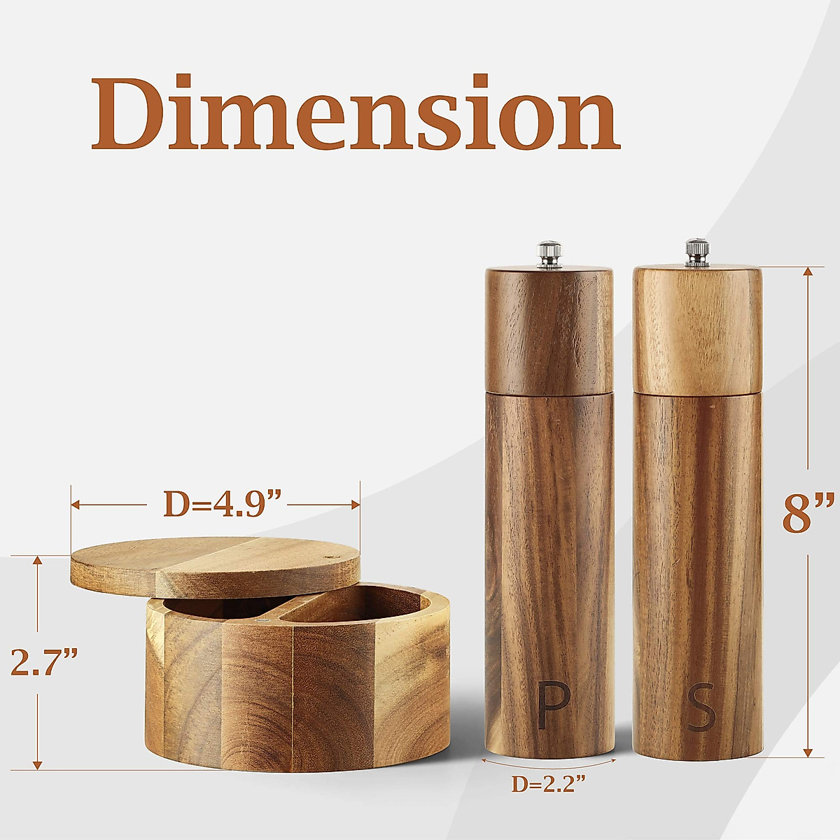 Wooden Salt and Pepper Grinder Set - Premium Set Includes Salt and Pepper Mill/Box with Swivel Lid, Spoon & Cleaner Tool - Perfect Salt and Pepper Shakers Gift (8 inch)