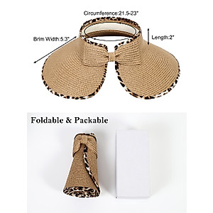 Womens Beach Straw Sun Hats Ponytail Hole Wide Brim Summer Visor Foldable Hat Sun Protection Packable for Travel Pool(One Size,Khaki with Leopard)