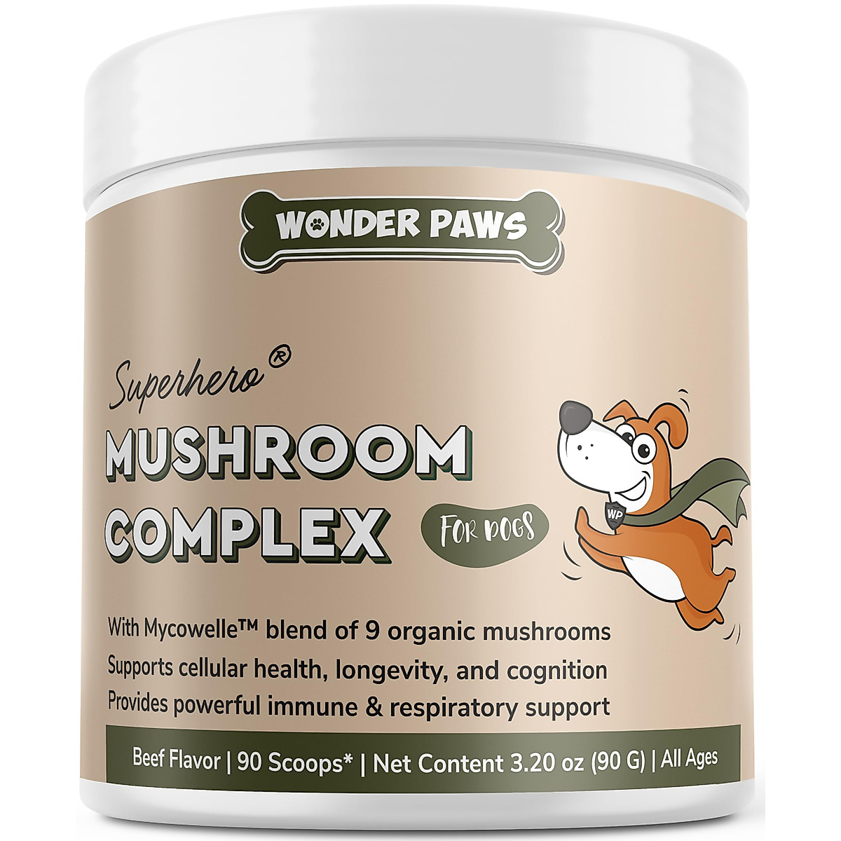 Wonder Paws Immune Support Mushroom Powder for Dogs – Organic Mushroom Complex for Immunity, Cognition, Cellular Health, Longevity - With Turkey Tail Mushroom for Dogs, Reishi & Lions Mane – 90 Scoops