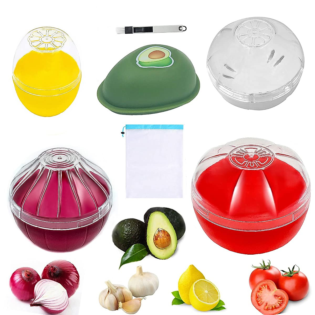 Yamesu Onion Lemon Garlic Avocado Tomato Storage Containers, Reusable Onion Lemon Garlic Avocado Tomato Saver Holder & Potato Bag for Fridge to Keep Fresh 6 Pieces Sets with a Brush