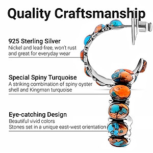 Shop LC Turquoise Half Hoop Earrings - Western Huggie Earrrings in 925 Sterling Silver for Women - Handmade Orange Spiny Oyster Southwestern Huggies Hoops Jewelry Birthday Gifts for Women