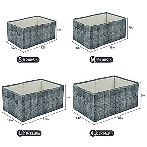 ANMINY 2PCS Storage Bins Set Foldable Cotton Linen Open Storage Baskets Box with Handles Washable PP Plastic Board Plaid Pattern Decorative Nursery Baby Kid Clothes Laundry Organizer - Gray, Medium