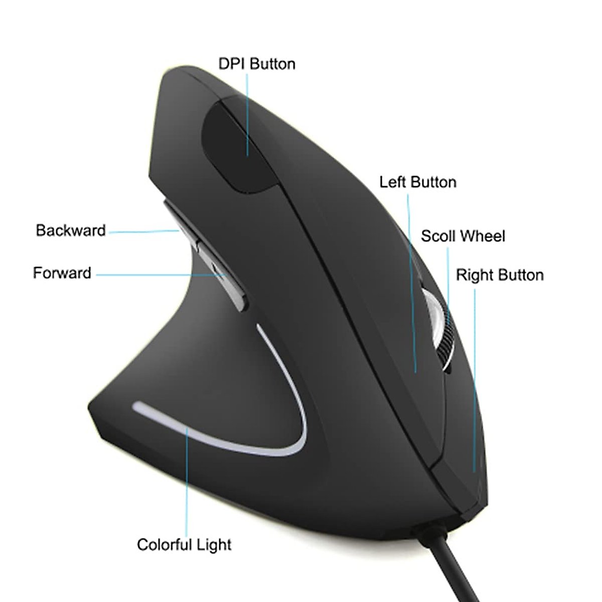 Ergonomic Vertical USB Wired Mouse, Left Handed Optical Mouse, 3 Adjustable DPI 800/1200/1600, 6 Programmable Buttons, Universal Gaming Mouse for Laptop, Desktop, Notebook, PC, Computer (Black)