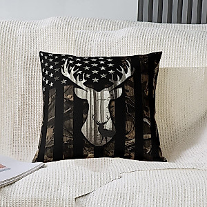 Camo American Flag Throw Pillow Cover,Deer Antlers Grey Camouflage Soft Reversible Print Cushion Cover for Bed Sofa,Wild Animal Branches Leaves Stars Square Couch Pillow Cover,20"x 20" Single Pack