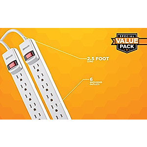 Woods 41435 Power Strip with 6 Outlets, 2.5’ Cord and Durable White Housing, 2 pack, 2-Pack