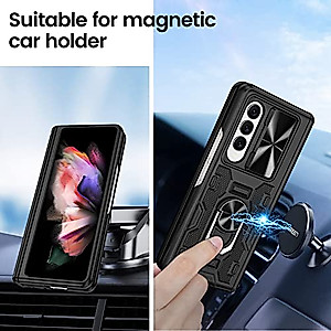 VEGO for Galaxy Z Fold 3 Case with Camera Cover, Hinge Protection Case with Front Screen Protector & 360°Ring Magnetic Kickstand Protective Armor Case for Samsung Galaxy Z Fold 3 - Midnight Black