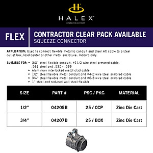 Halex – ½ Inch Flexible Metal Conduit (FMC) Squeeze Connector – 04205B – 25 Per Pack – Silver