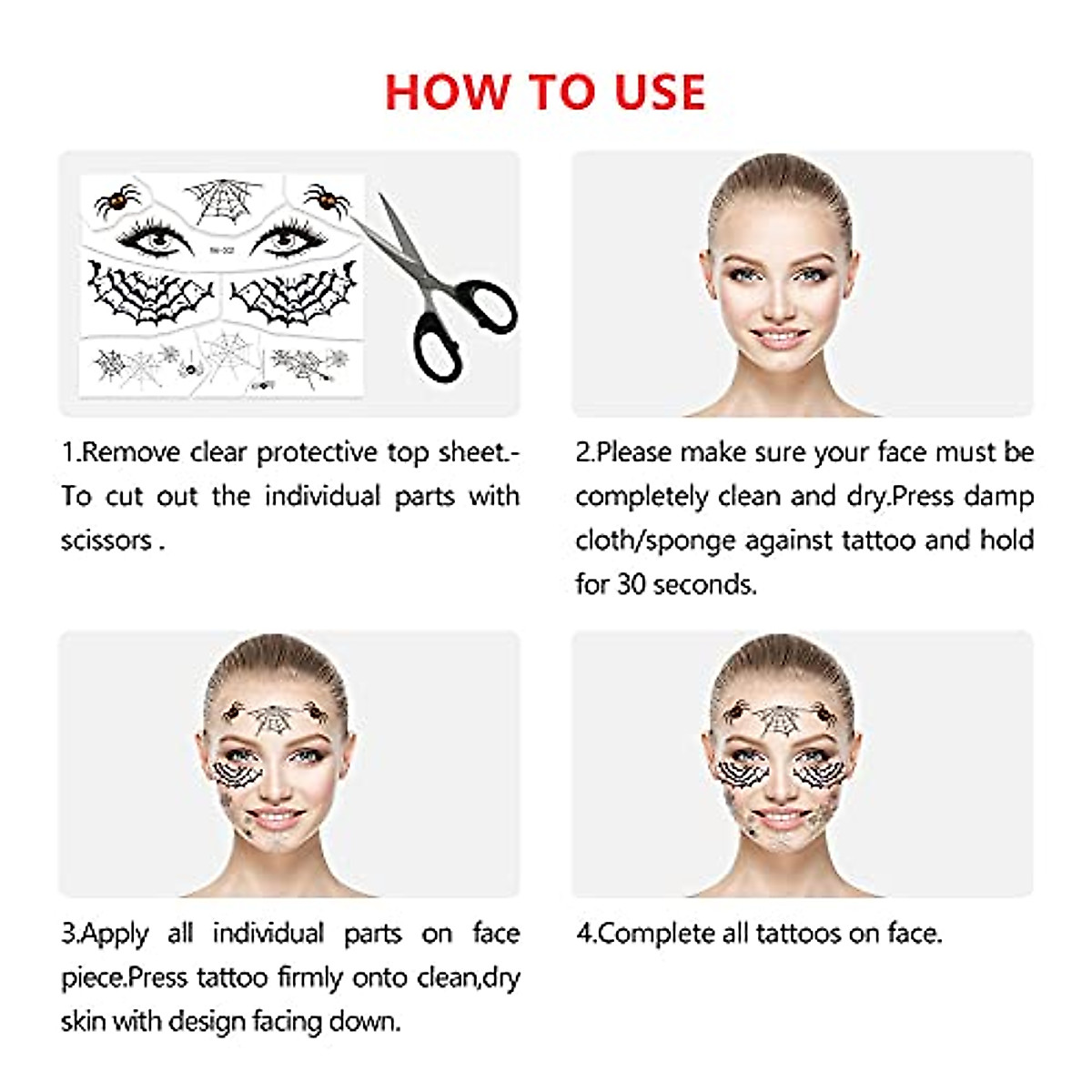 Halloween 4Sheet Spider net Temporary tattoo, Day of the Dead Make Up Supplies, Halloween Party Cosplay Favor Decorations for Adult Kids