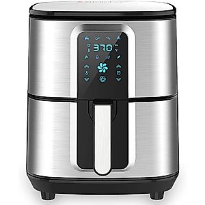 Kitcher 6.8Qt Air Fryer, Hot Air Fryer with 8 Cooking Functions Temperature Timer Control Led Touch Screen 50 Recipes, Stainless Steel Silver
